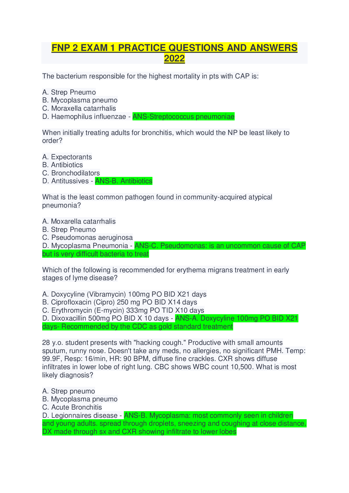 FNP 2 EXAM 1 PRACTICE QUESTIONS AND ANSWERS 2022 - Scholarfriends